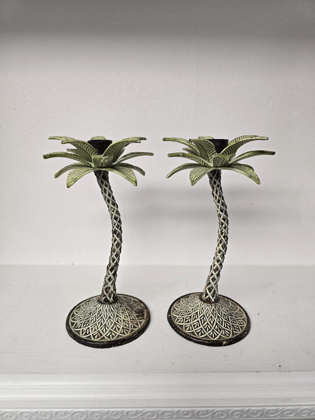 Vintage Tropical Palm Tree Rustic Cast Iron Candle Holders, Set of 2 ...
