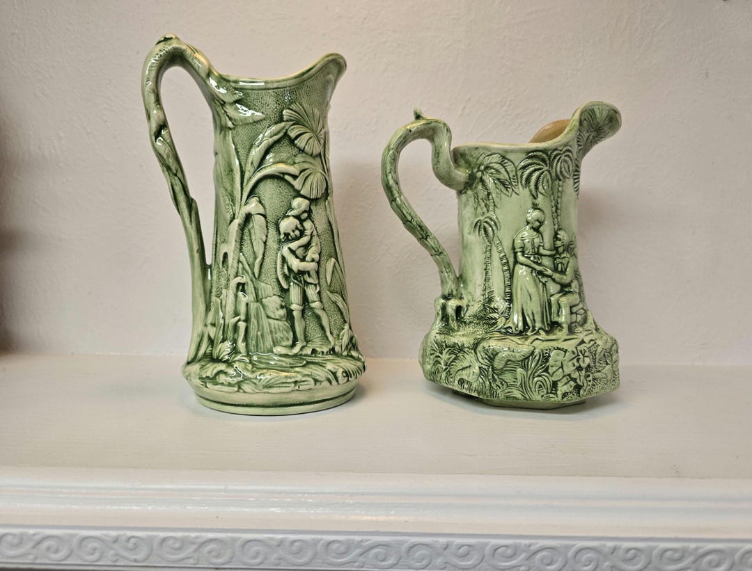 Vintage Green Relief Pottery Pitchers – Embossed Ceramic Jugs With ...
