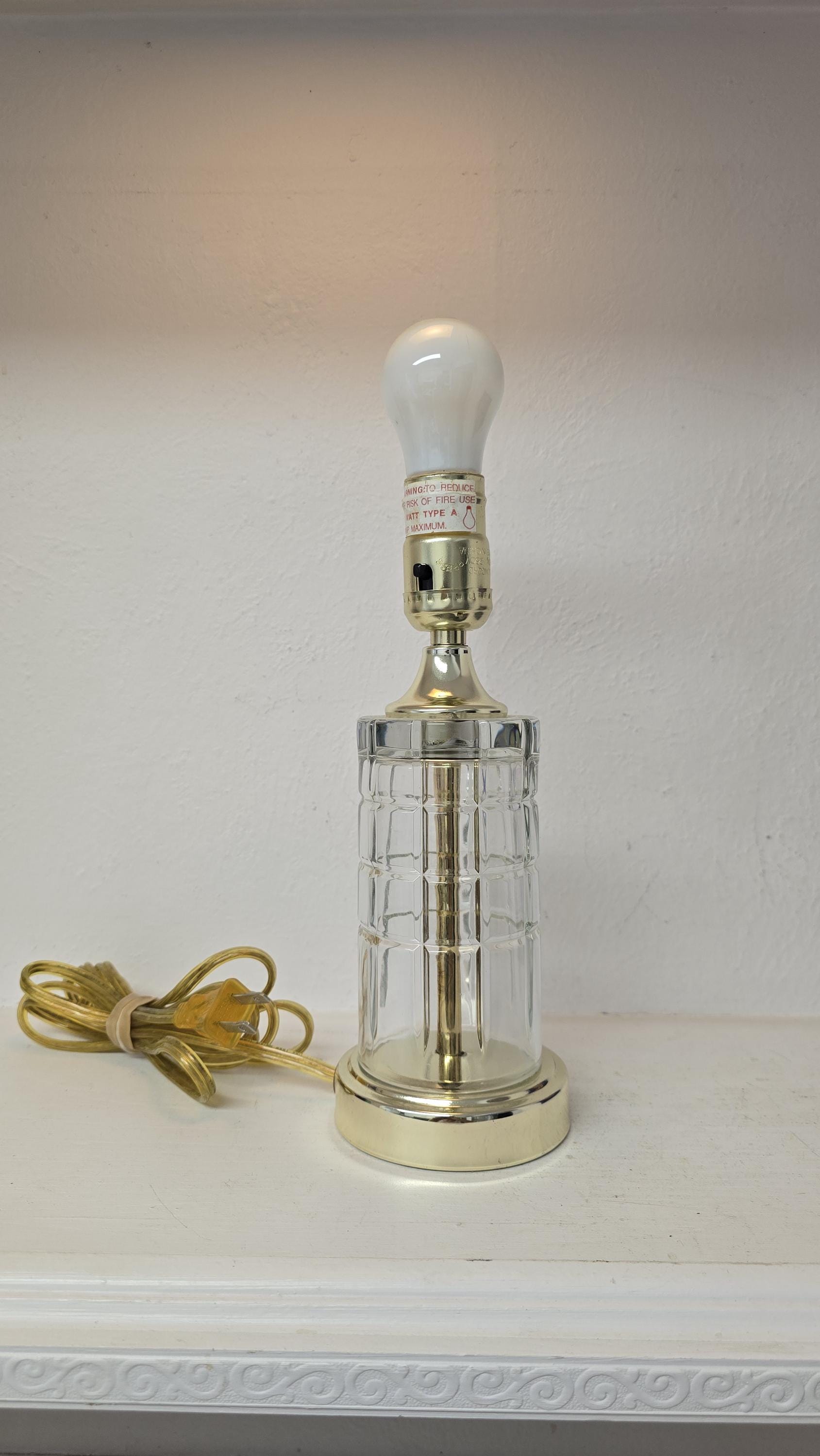 Vintage Glass Table Lamp Base, Clear Cut Block Pattern, Brass Tone ...