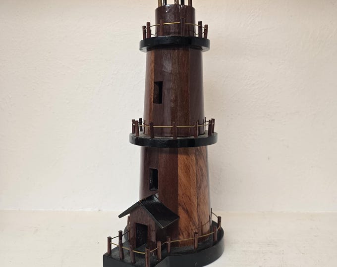 Handcrafted Wooden Lighthouse Sculpture - 14" Tall Nautical Home Decor ...