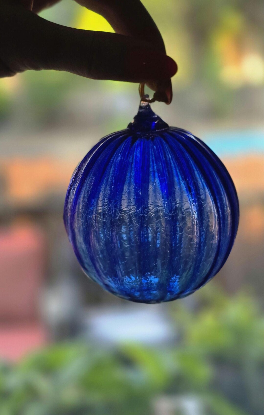 Handblown Cobalt Blue Glass Ornament – 11" Circumference, Ribbed Art ...