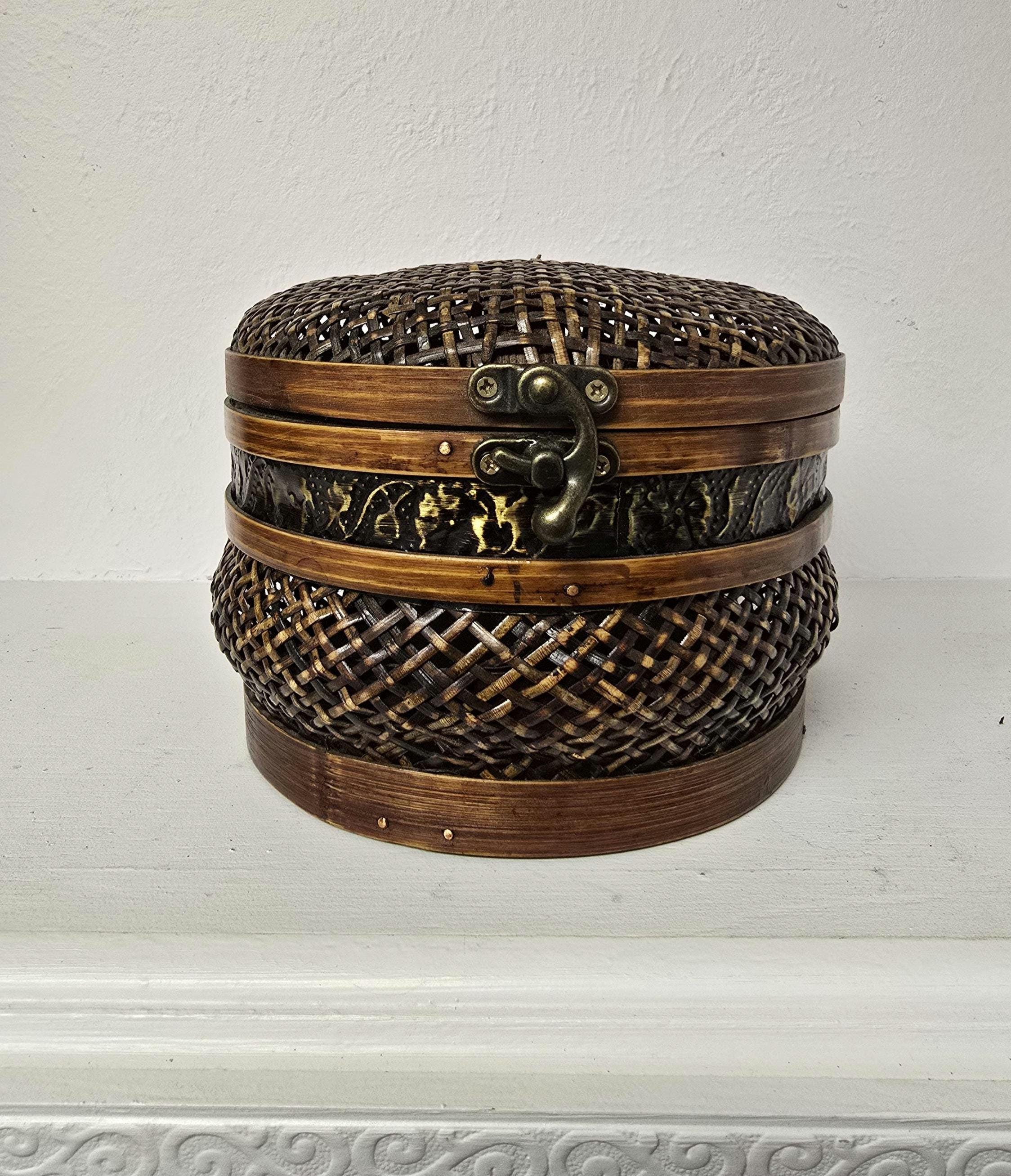 Vintage Handcrafted Bamboo Decorative Box With Lid, Oval or Round ...