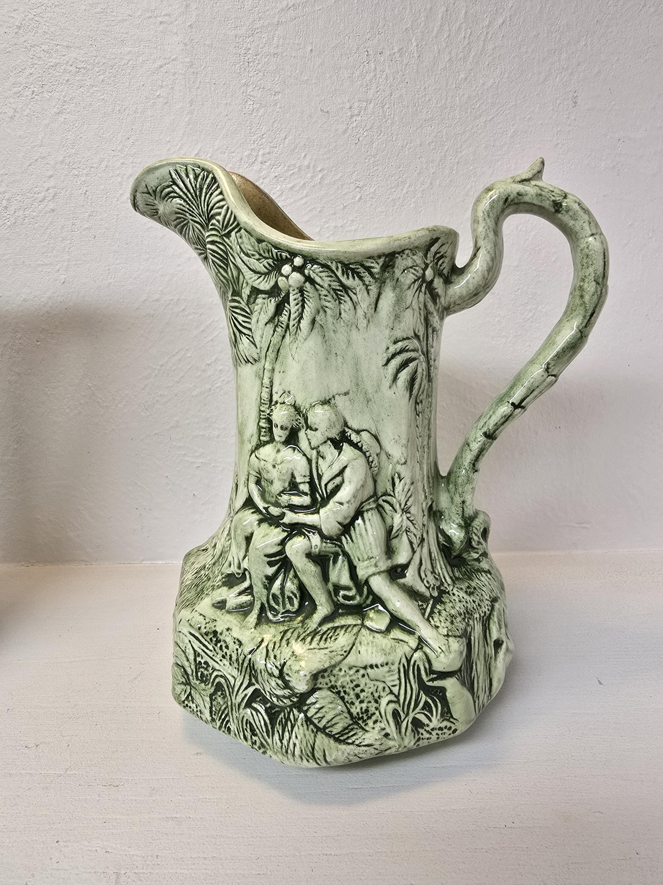 Vintage Ceramic Pitcher, Romantic Couple Relief Jug, Green Textured ...