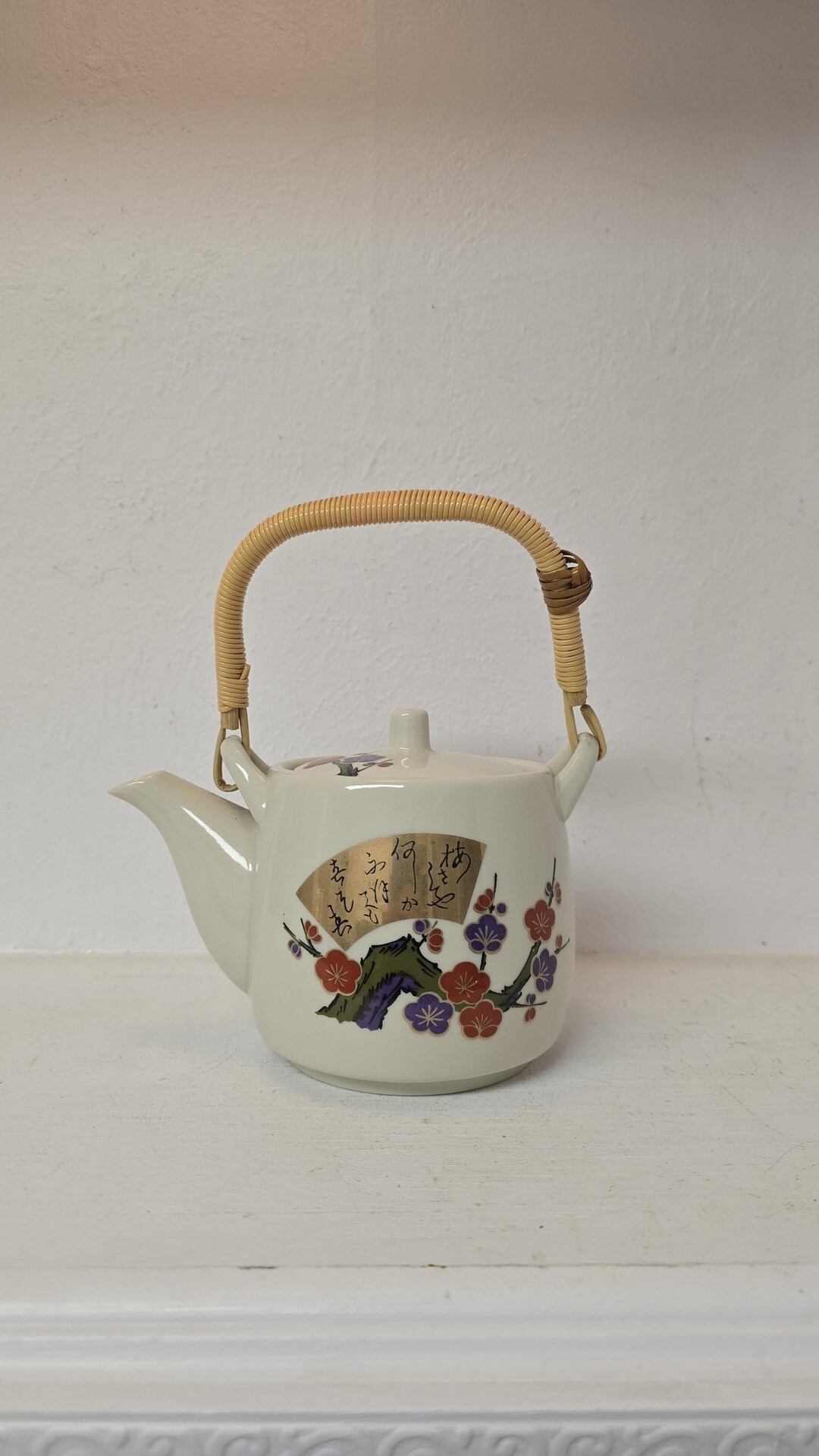 Vintage Japanese Ceramic Teapot, Hand Painted Floral Design, Bamboo ...