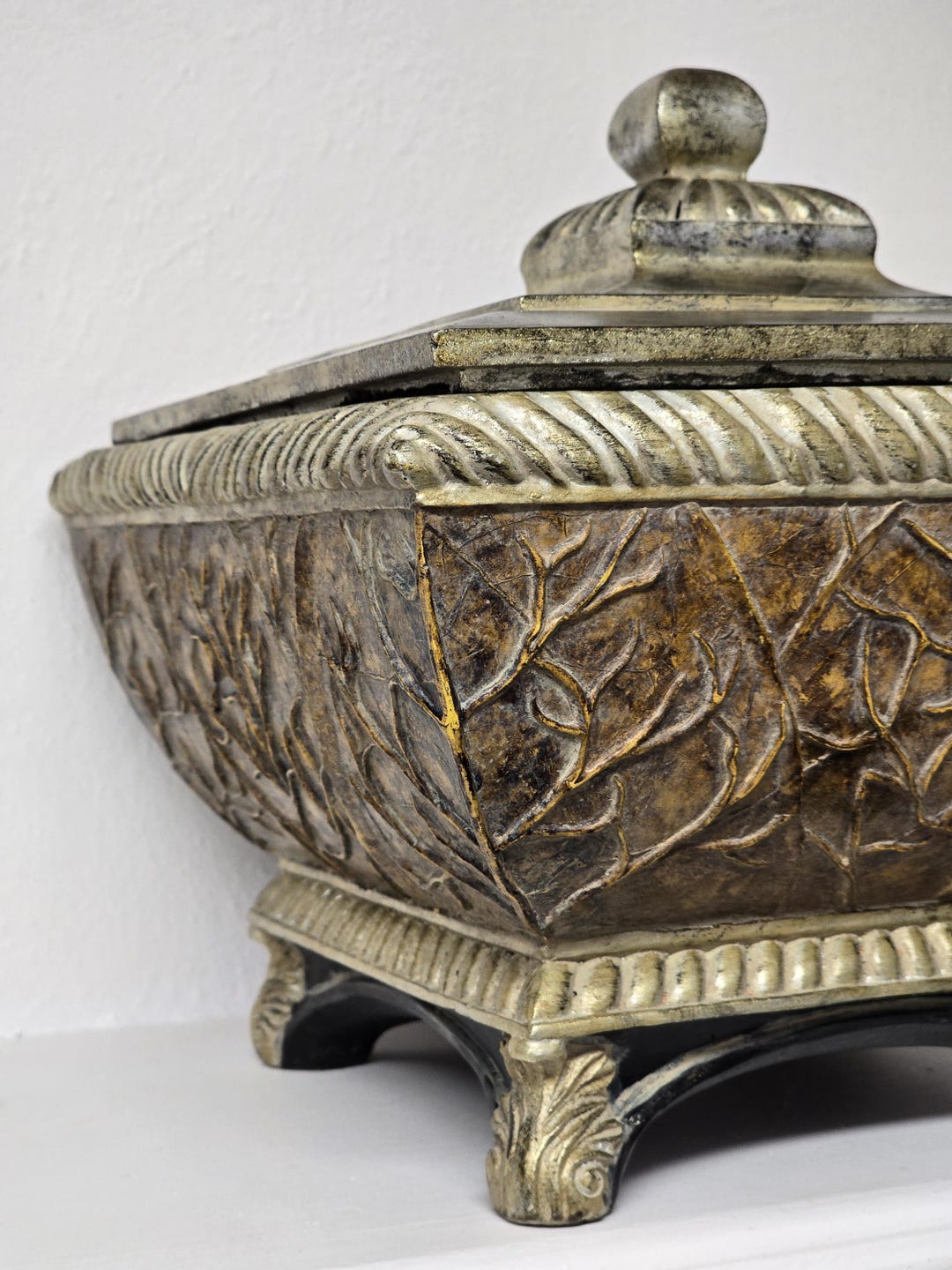 Ancient 10x10" Heavy Golden Ceramic Stoneware Decorative Box With Lid ...