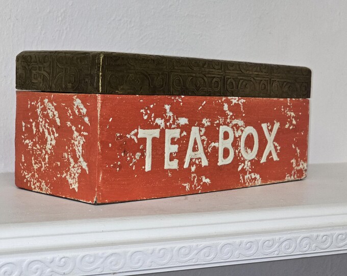 Vintage Wooden Tea Box – Rustic Red Distressed Finish With Decoupage ...