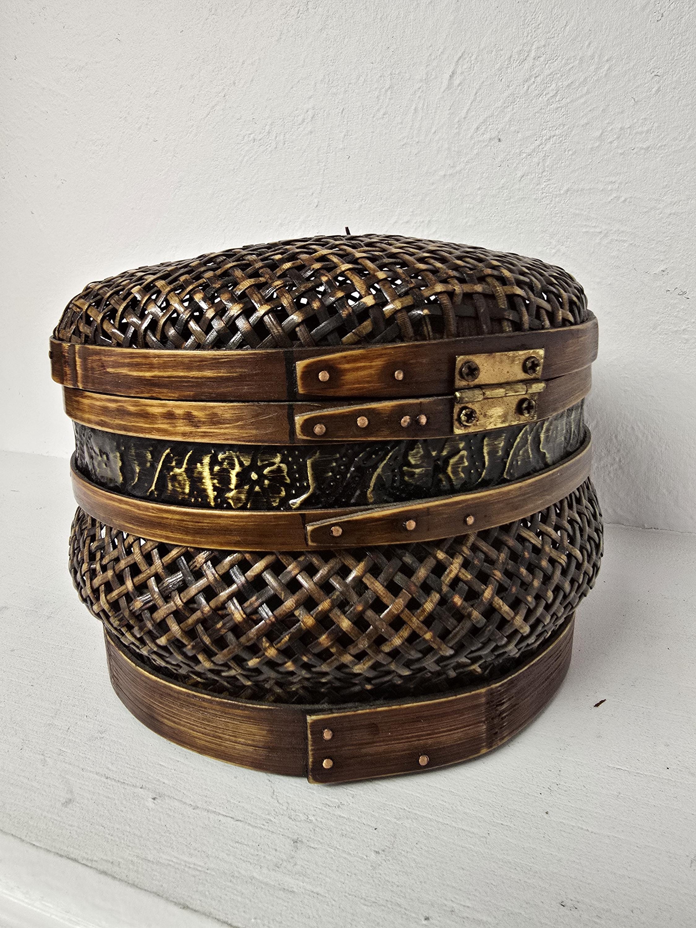 Vintage Handcrafted Bamboo Decorative Box With Lid, Oval or Round ...