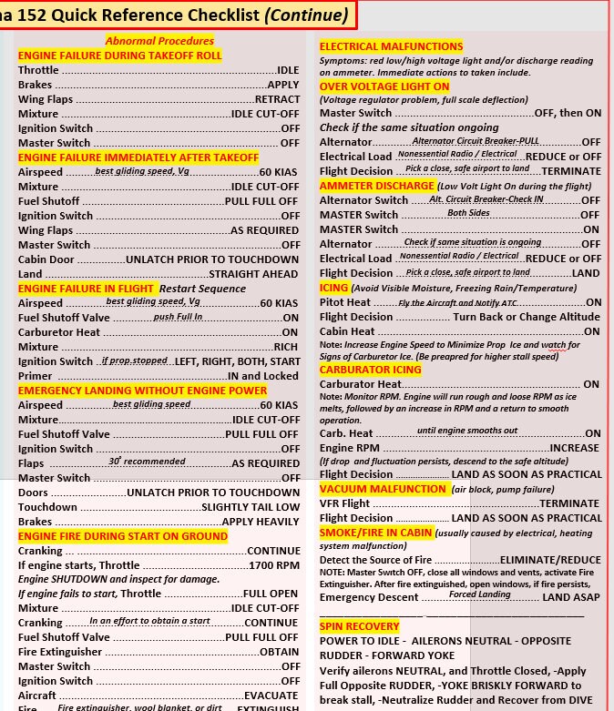 Cessna 152 Qref All in One Checklist for Student Pilots - Etsy
