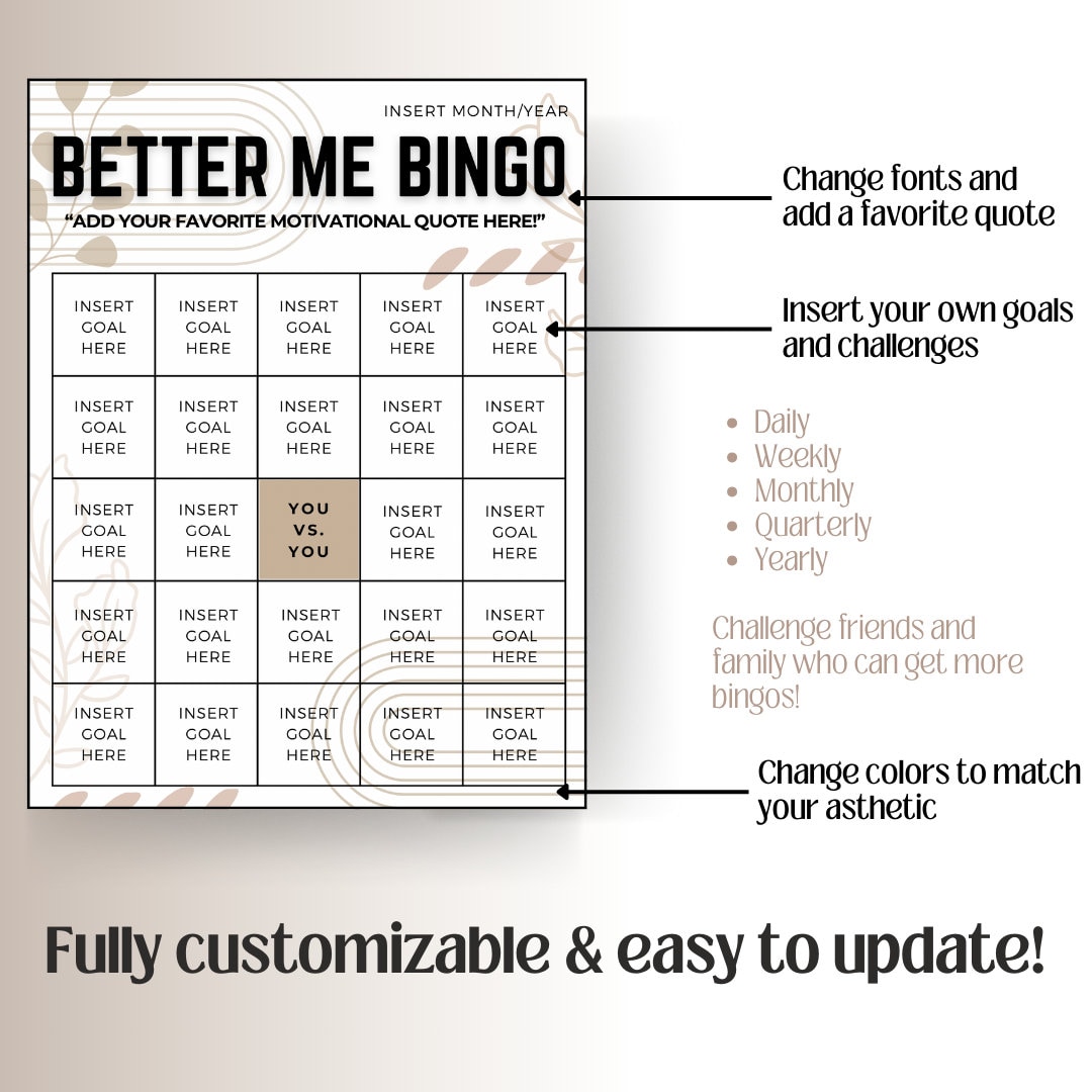 Goal Setting Bingo, Customize, New Years Resolution, Goal Setting, Fun ...