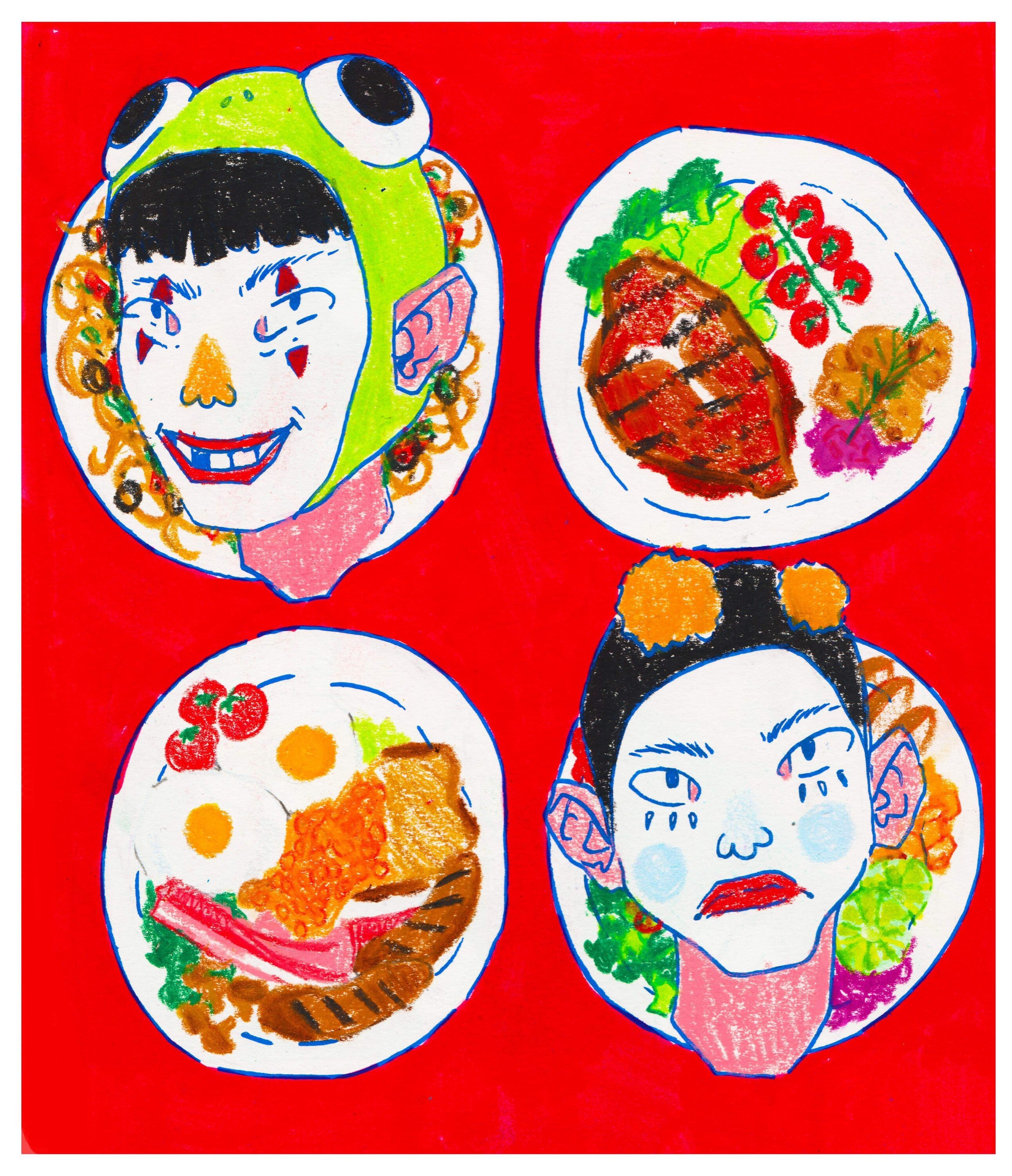 A3 abstract art print of clowns and food on dinner plates | Etsy