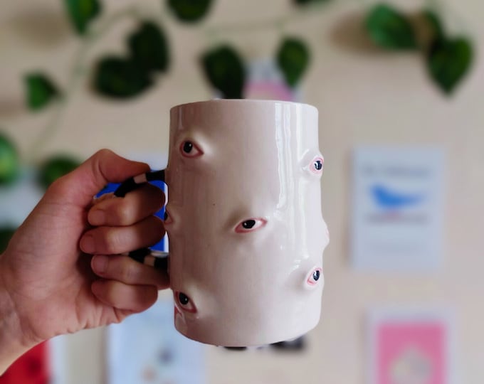 Handmade Plain Eyes Striped Handle Clay Coffee Mug, 20 Oz Funky Mug ...