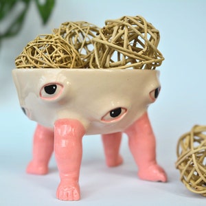 White Cereal Bowl With Pink Baby Legs and Embossed Human Eyes, Freaky ...