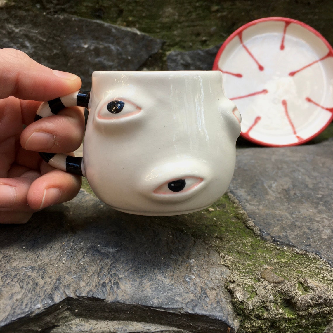 Ivory Striped Handle Eyes Hand Painted Espresso Cup With Plate, Turkish ...