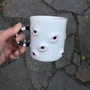 Hand Painted Plain Eyes Striped Handle Clay Coffee Mug, Funky Mug ...