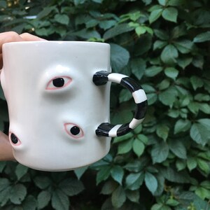 Hand Painted Plain Eyes Striped Handle Clay Coffee Mug, Funky Mug ...