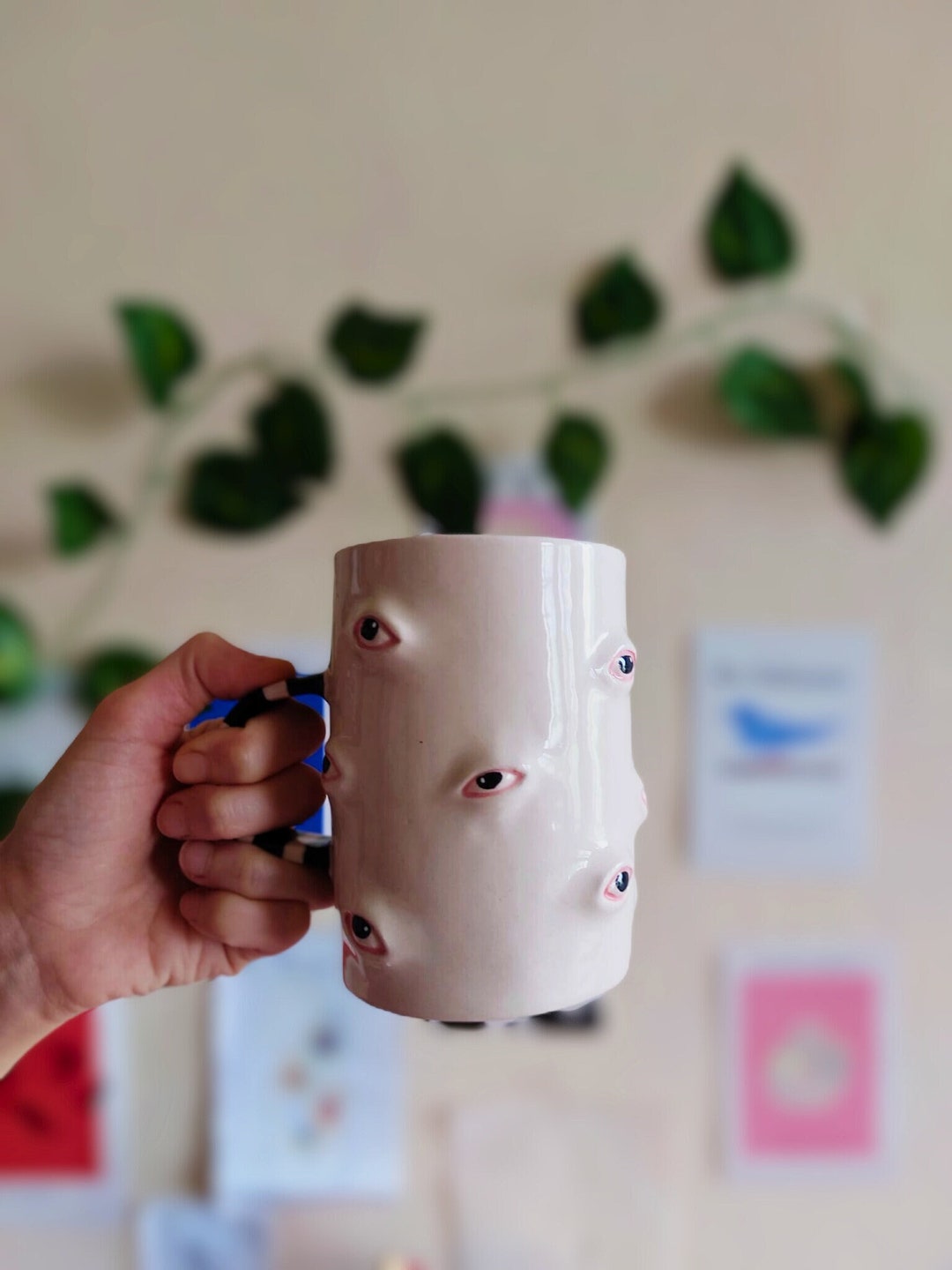 Handmade Plain Eyes Striped Handle Clay Coffee Mug, 20 Oz Funky Mug ...