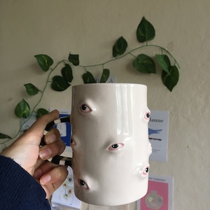 Handmade Plain Eyes Striped Handle Clay Coffee Mug, 20 Oz Funky Mug ...