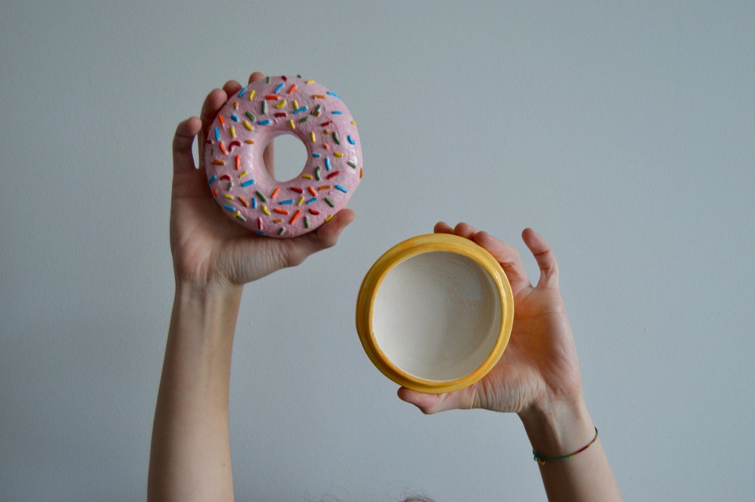 Unique Pink Donut Bowl With Ceramic Lid, Modern Living Room Decor, Art ...