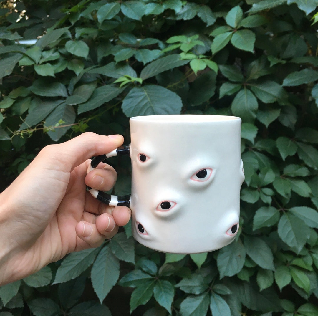 Hand Painted Plain Eyes Striped Handle Clay Coffee Mug, Funky Mug ...