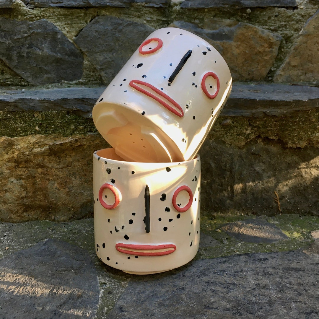 Black Spotted Abstract Face Ceramic Pot, Ceramic Planter, Garden Decor ...