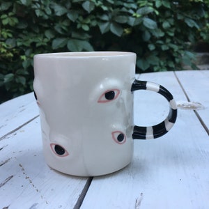 Hand Painted Plain Eyes Striped Handle Clay Coffee Mug, Funky Mug ...