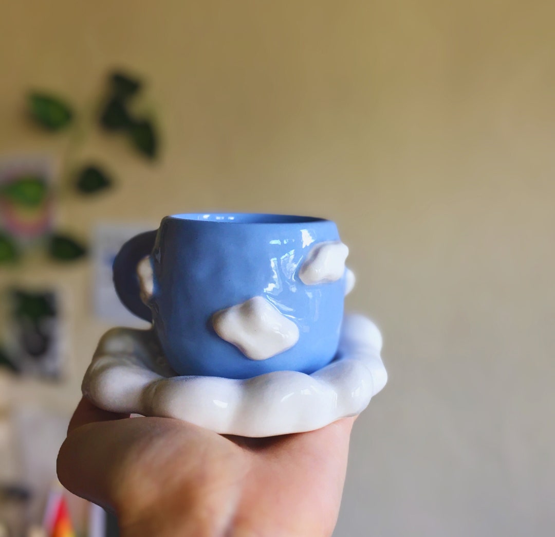 Unique Cloudy Blue Mug Set& Saucer, Handmade Ceramic, Aesthetic Pottery ...