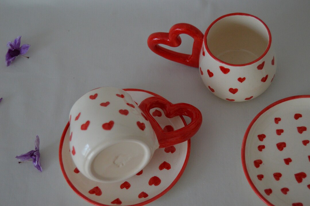 Heart Pattern Heart Handle Clay Espresso Cup and Plate, Kitchen Decor ...