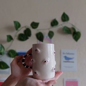 Handmade Plain Eyes Striped Handle Clay Coffee Mug, 20 Oz Funky Mug ...