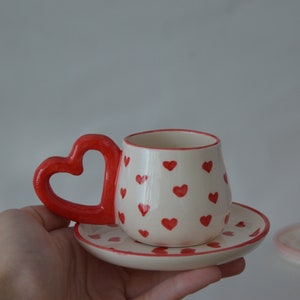 Heart Pattern Heart Handle Clay Espresso Cup and Plate, Kitchen Decor ...