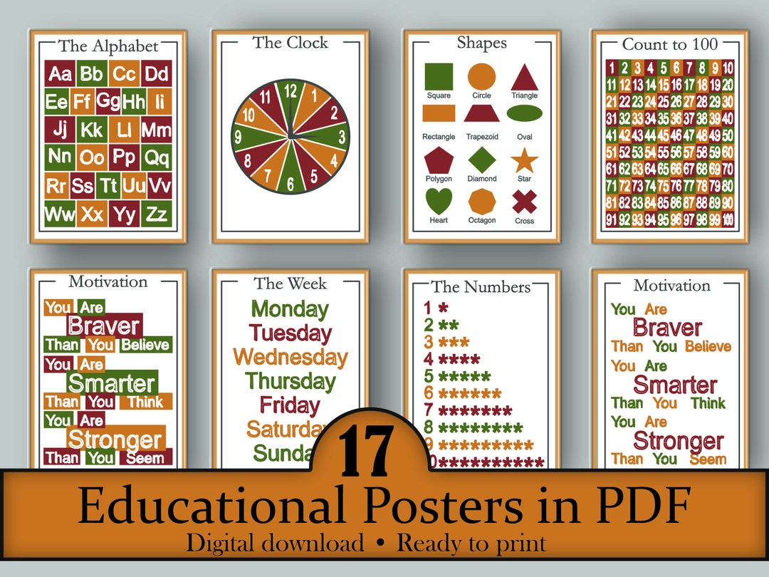 Set of 17 Educational Posters Learning Wall Art Montessori - Etsy