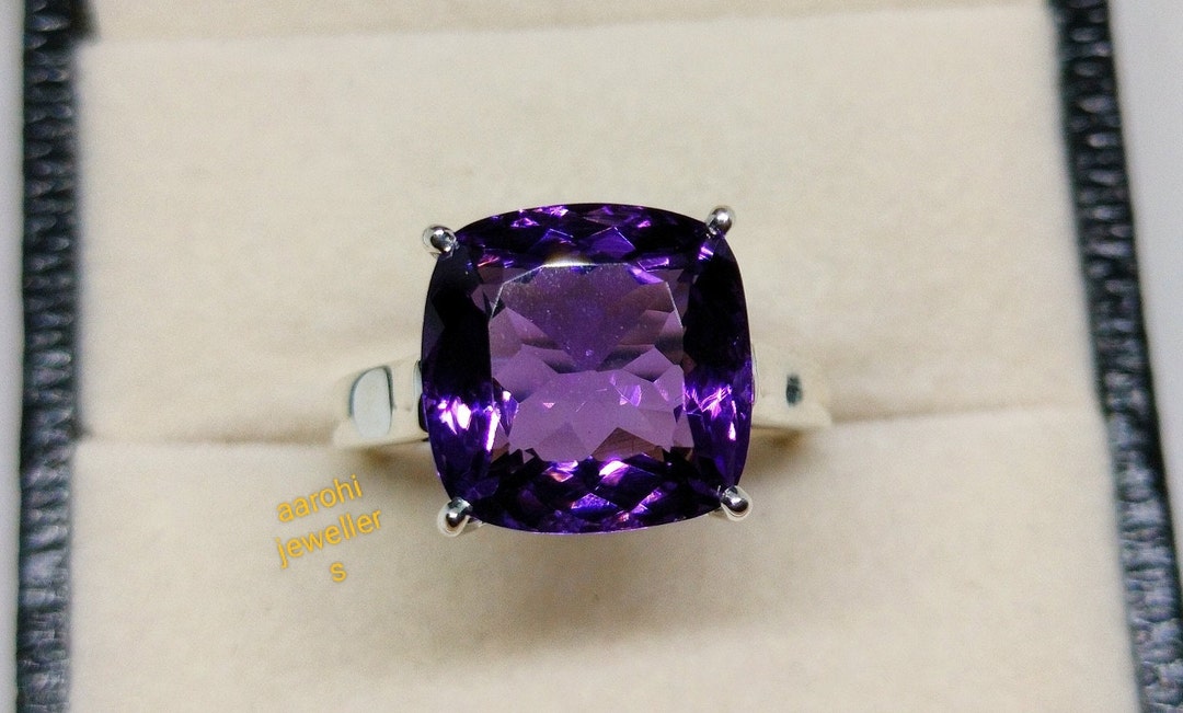 Natural Cushion Cut Amethyst Ring, 925 Sterling Silver, February ...