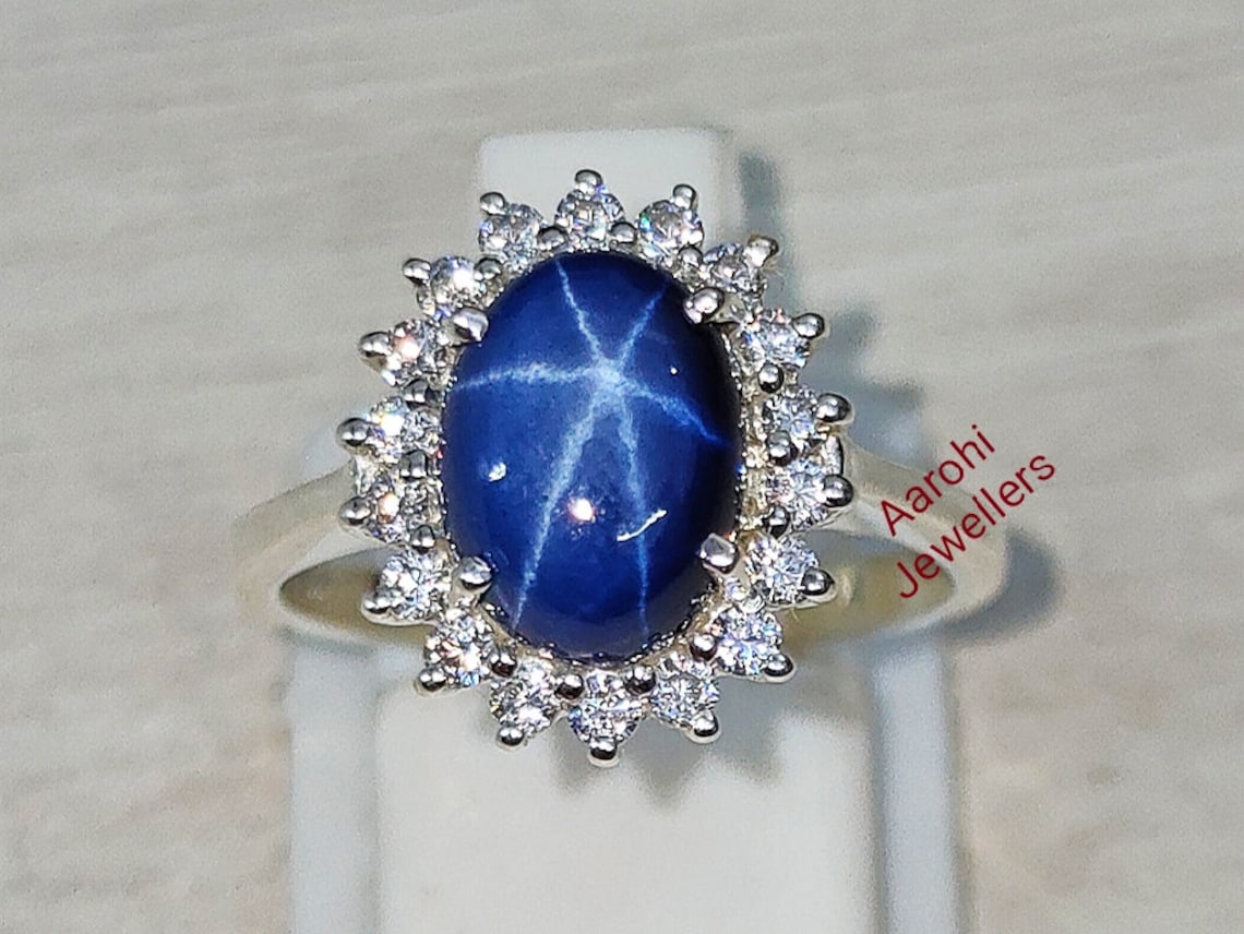 Vintage Blue Star Sapphire Ring: 925 Sterling Silver CZ Diamond Halo - Etsy