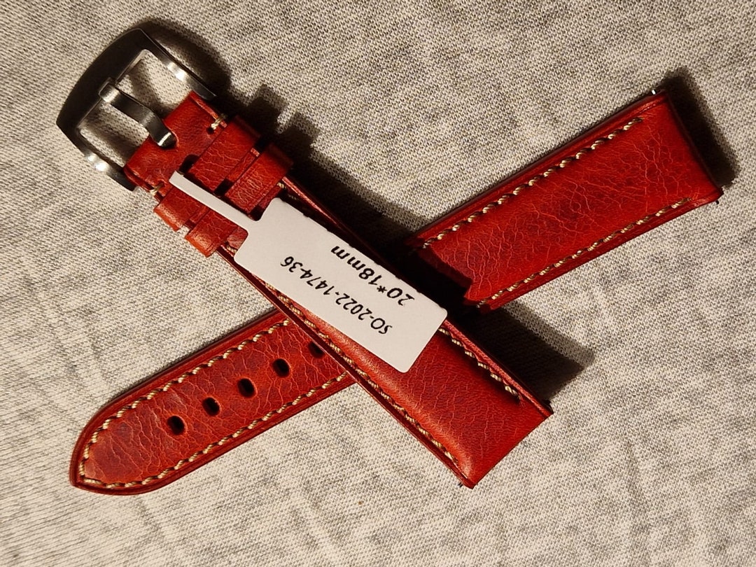 Watch Strap , Handmade, Genuine Leather, Red, Prefitted Pins, 20mm Lug ...