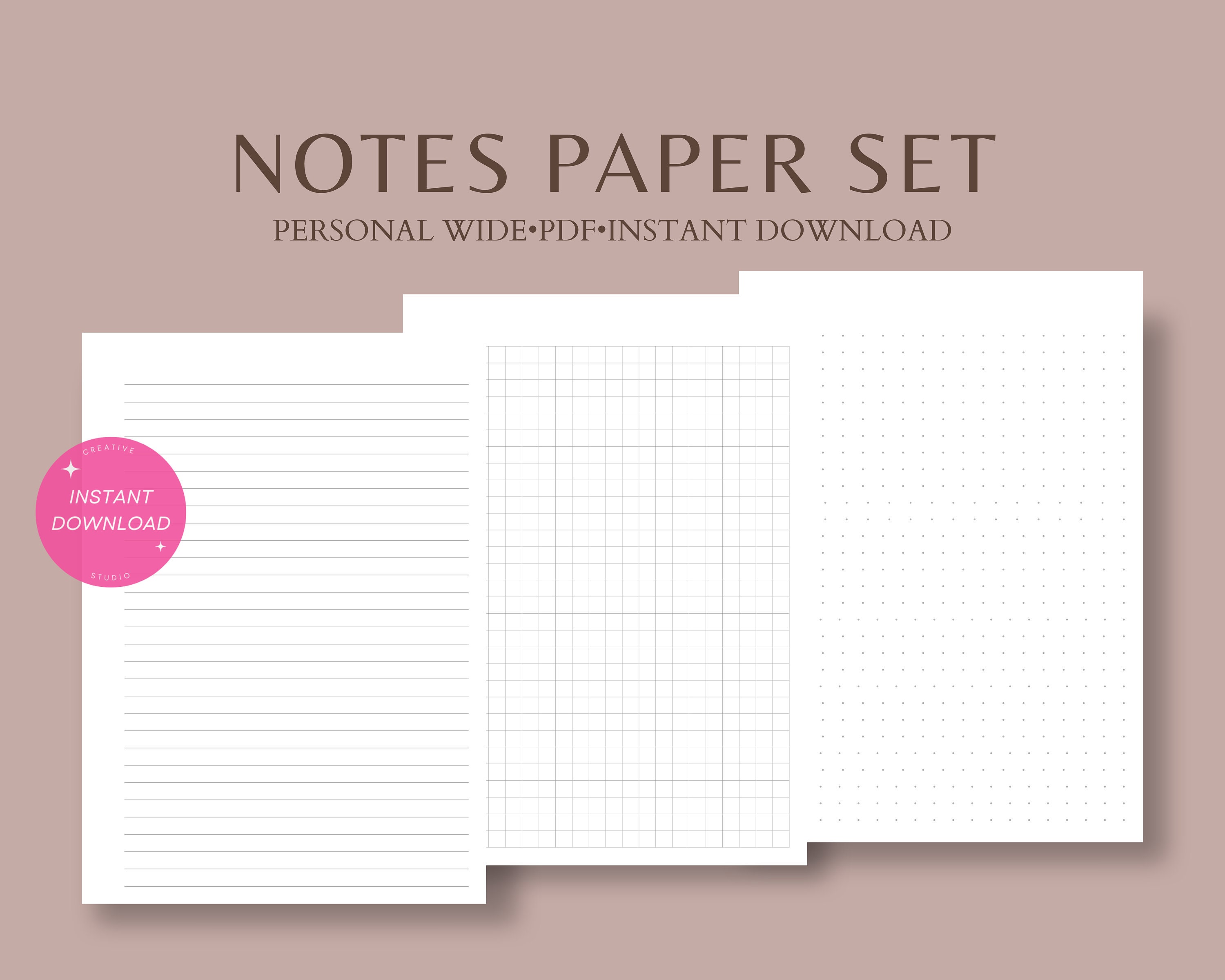 Notes Paper Set | Personal Wide Printable Insert Pdf | Simple Layout ...