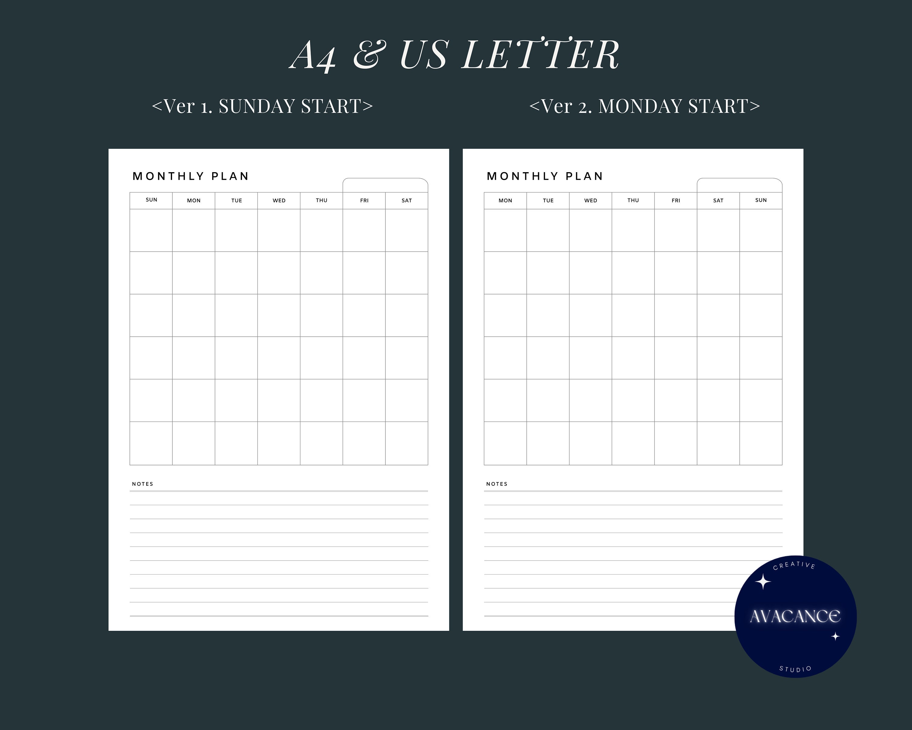 Monthly Planner | A4 & US Letter Undated Printable Inserts | MO1P ...