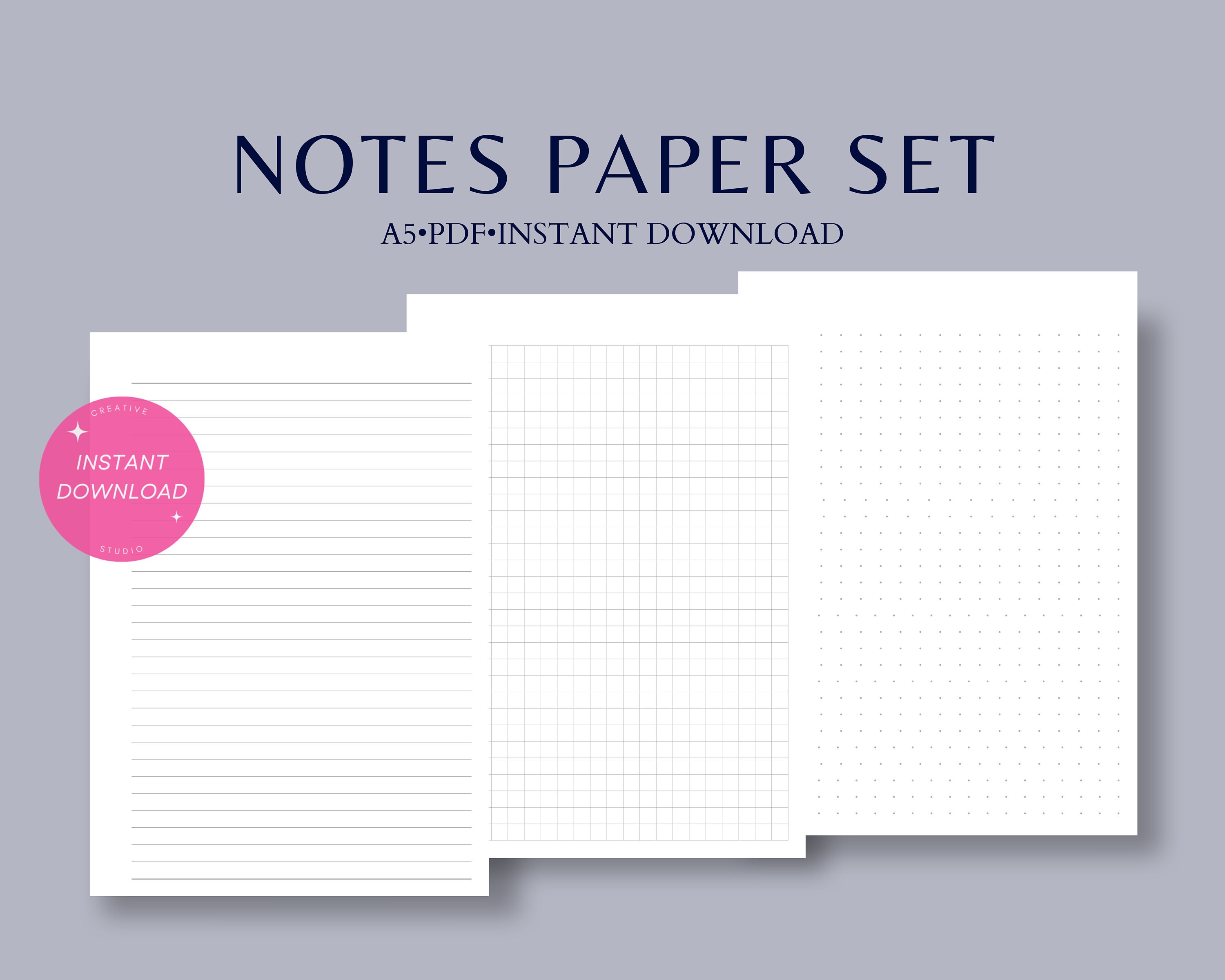 Notes Paper Set | A5 Printable Insert Pdf | Blank Line, Grid, Dot ...