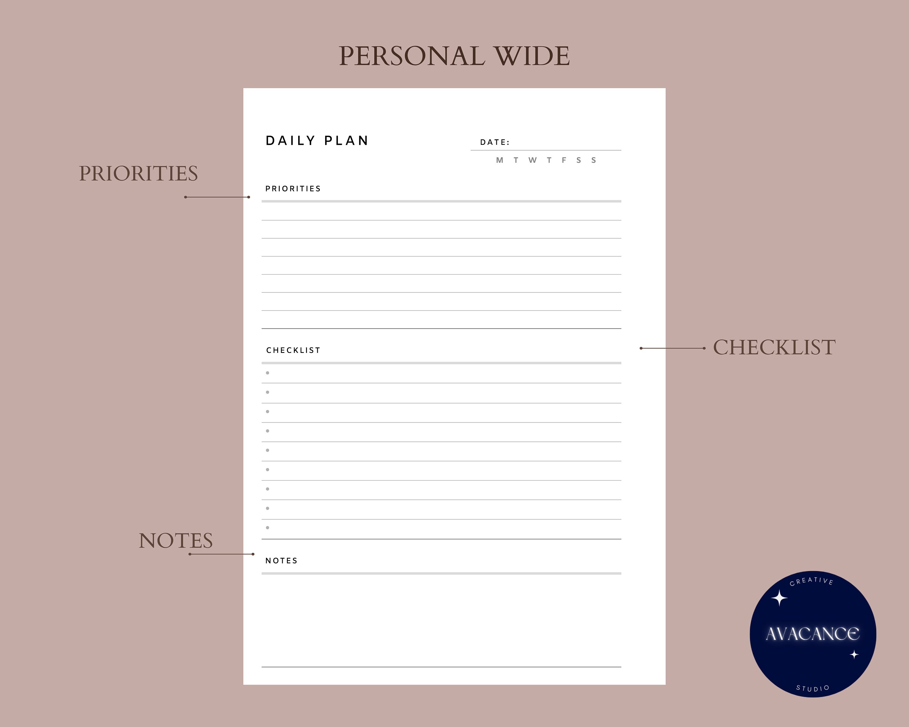 Daily Planner | Personal Wide Printable Insert Pdf | Simple Undated ...