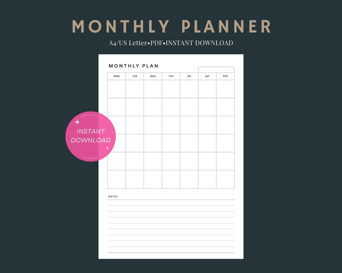 Monthly Planner | A4 & US Letter Undated Printable Inserts | MO1P ...