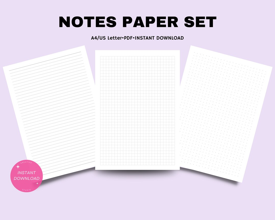 Notes Paper Set | A4&US Letter Printable Pages Pdf | Blank Line, Grid ...