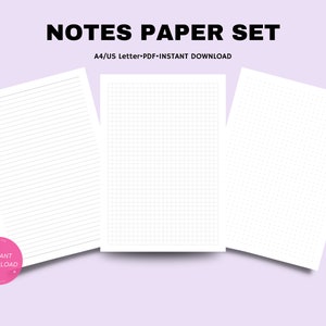 Notes Paper Set | A4&US Letter Printable Pages Pdf | Blank Line, Grid ...