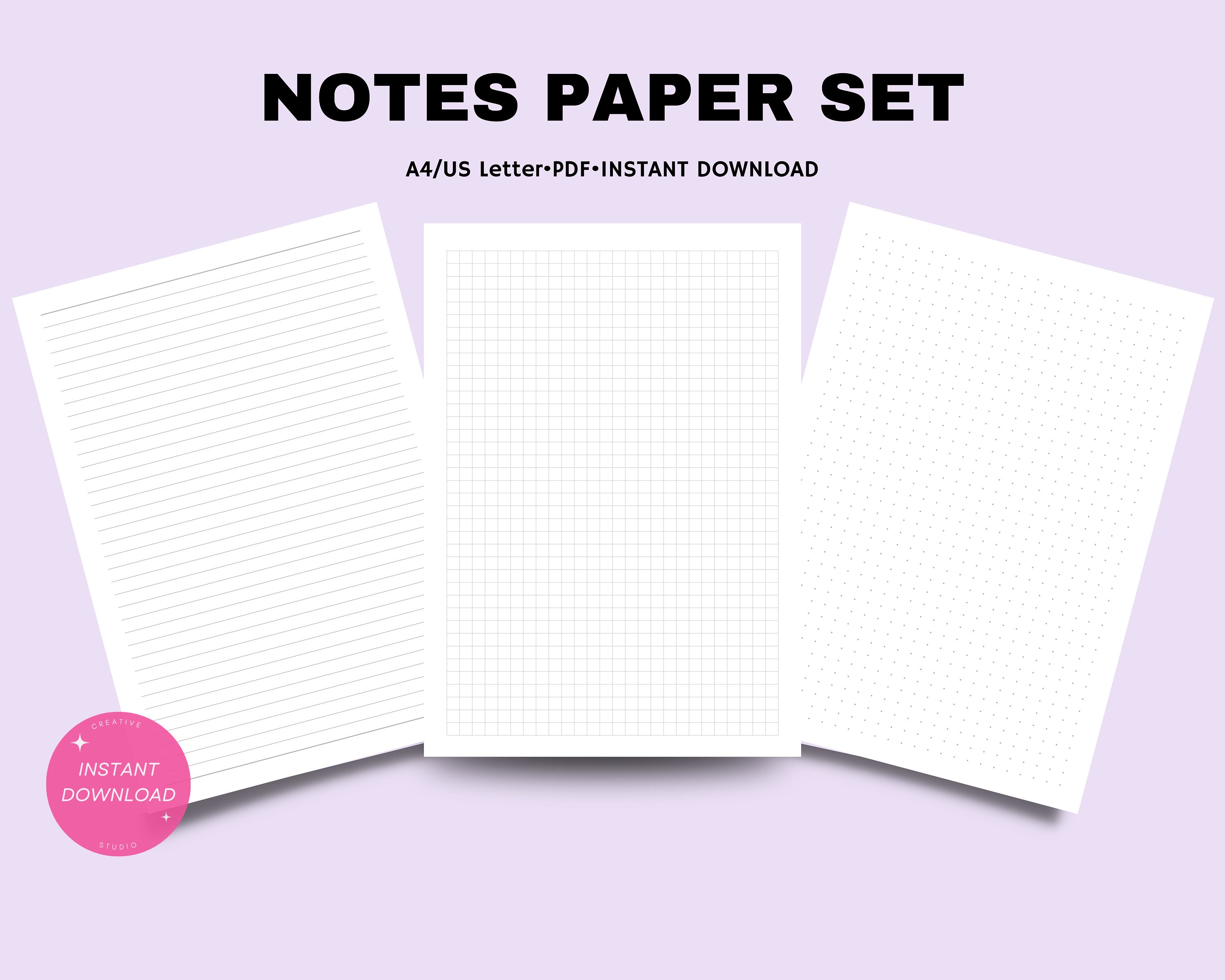 Notes Paper Set | A4&US Letter Printable Pages Pdf | Blank Line, Grid ...
