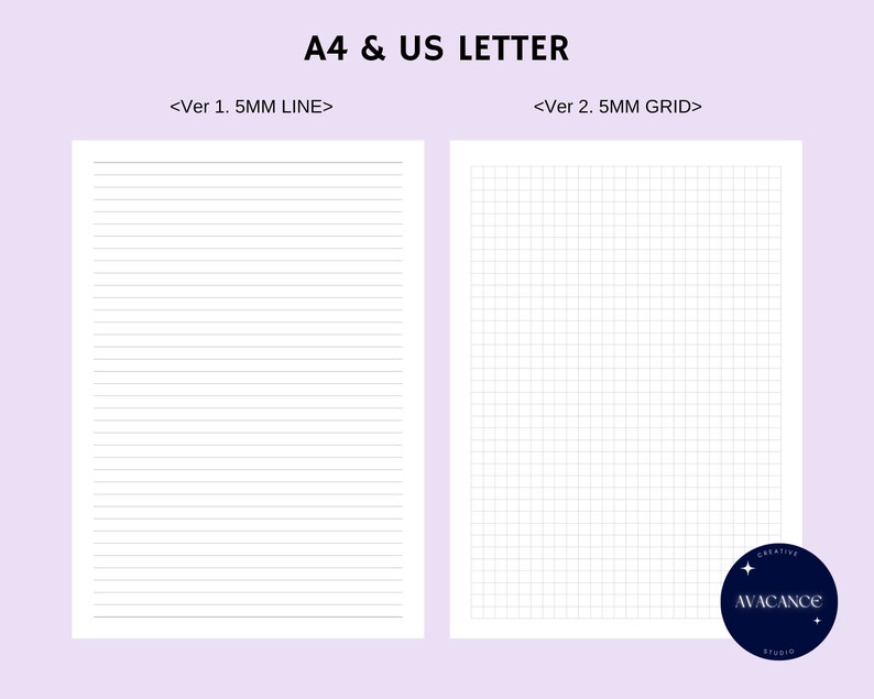 Notes Paper Set | A4&US Letter Printable Pages Pdf | Blank Line, Grid ...
