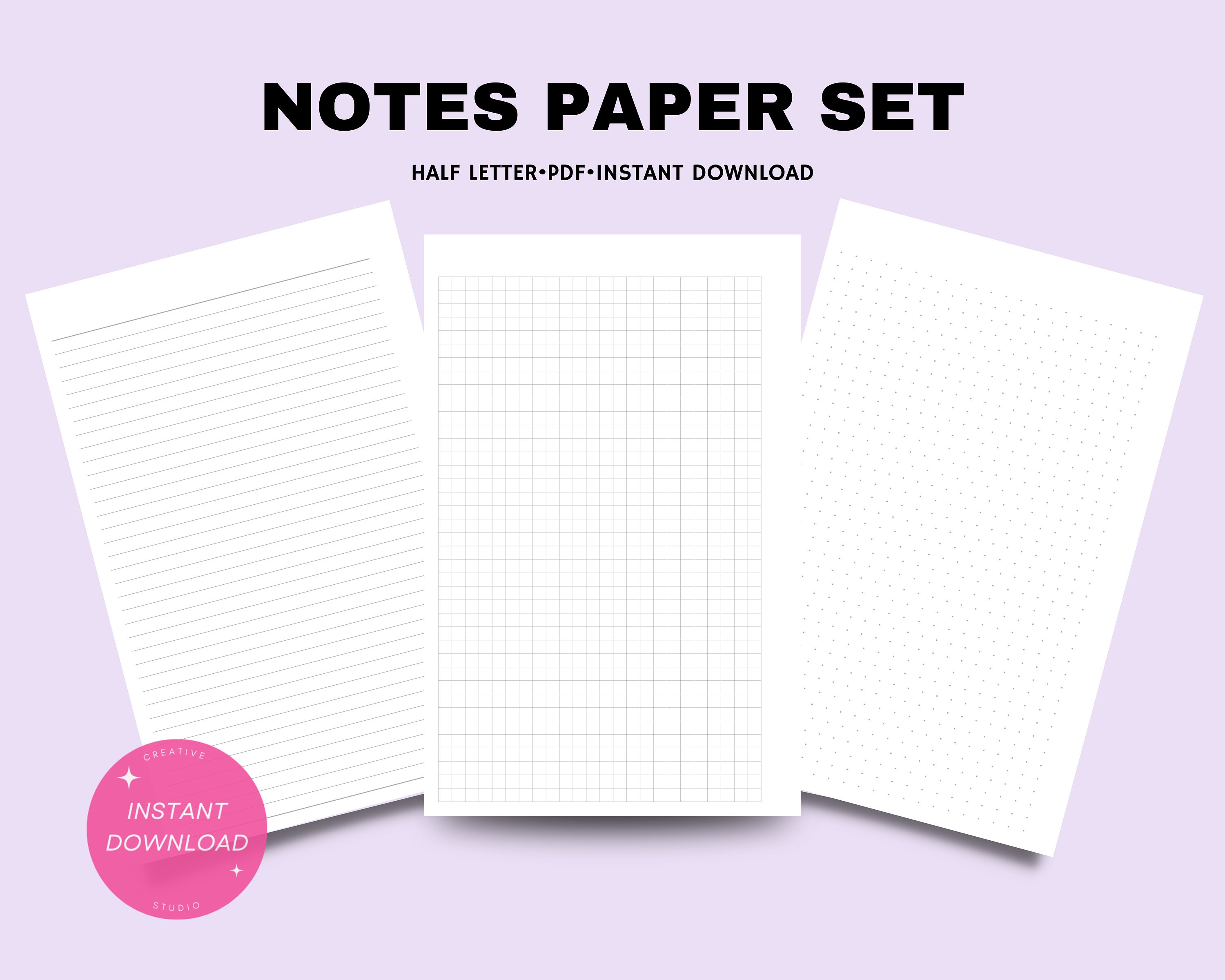 Notes Paper Set | Half Letter Printable Pages Pdf | Blank Line, Grid ...