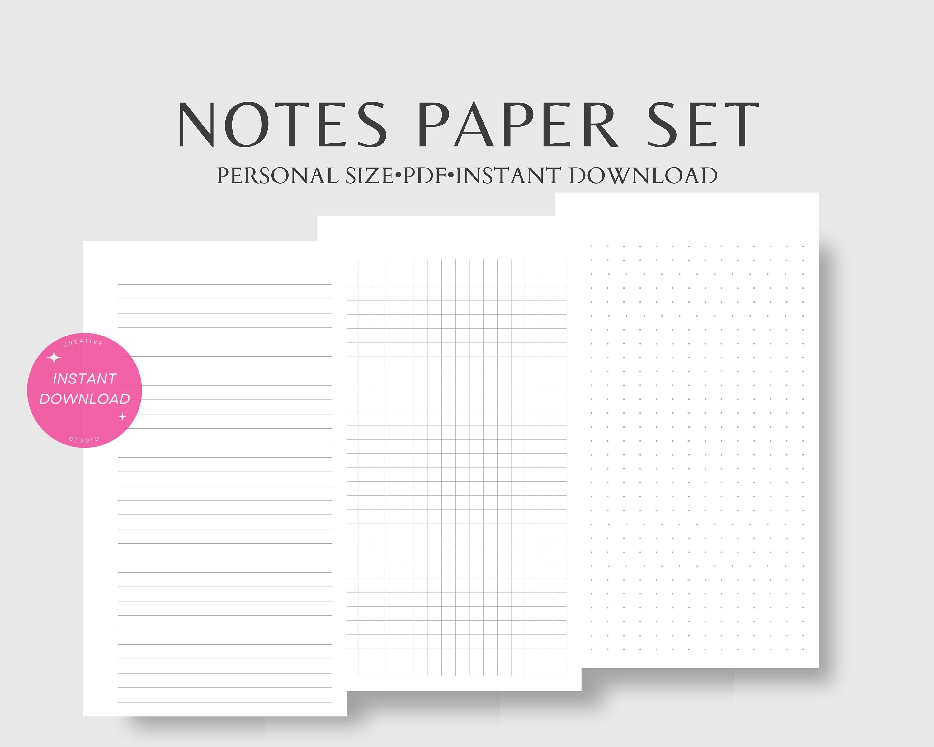 Notes Paper Set | Personal Size Printable Insert Pdf | Blank Line, Grid ...