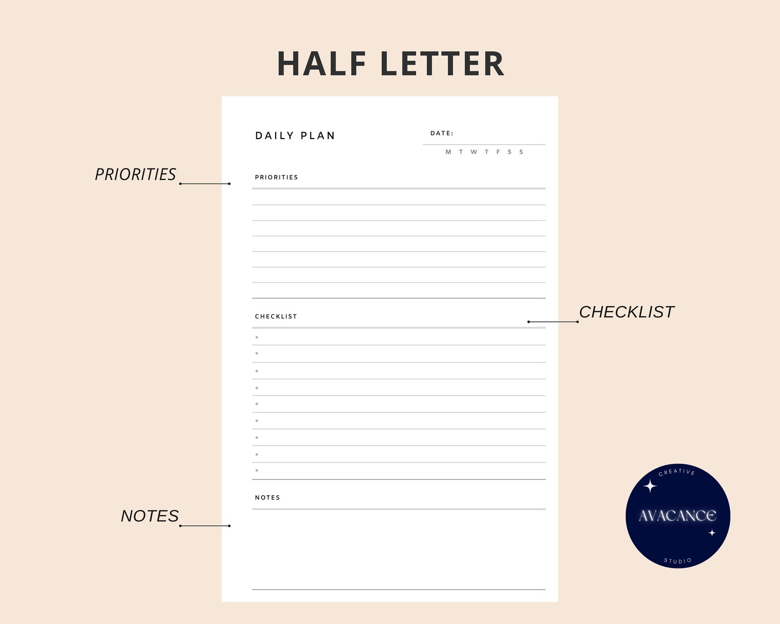 Daily Planner | Half Letter Printable Insert | Simple Layout Template ...