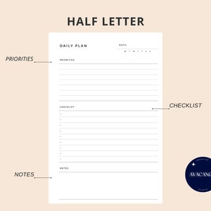 Daily Planner | Half Letter Printable Insert | Simple Layout Template ...