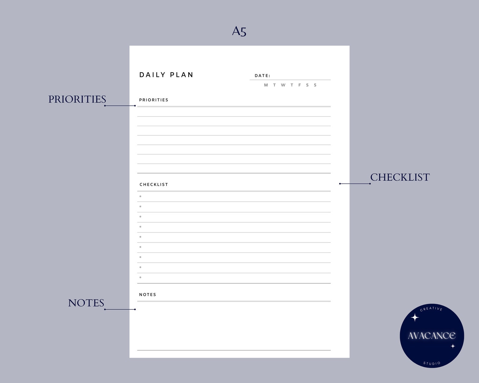 Daily Planner | A5 Printable Insert | Priorities, Checklist, Notes ...