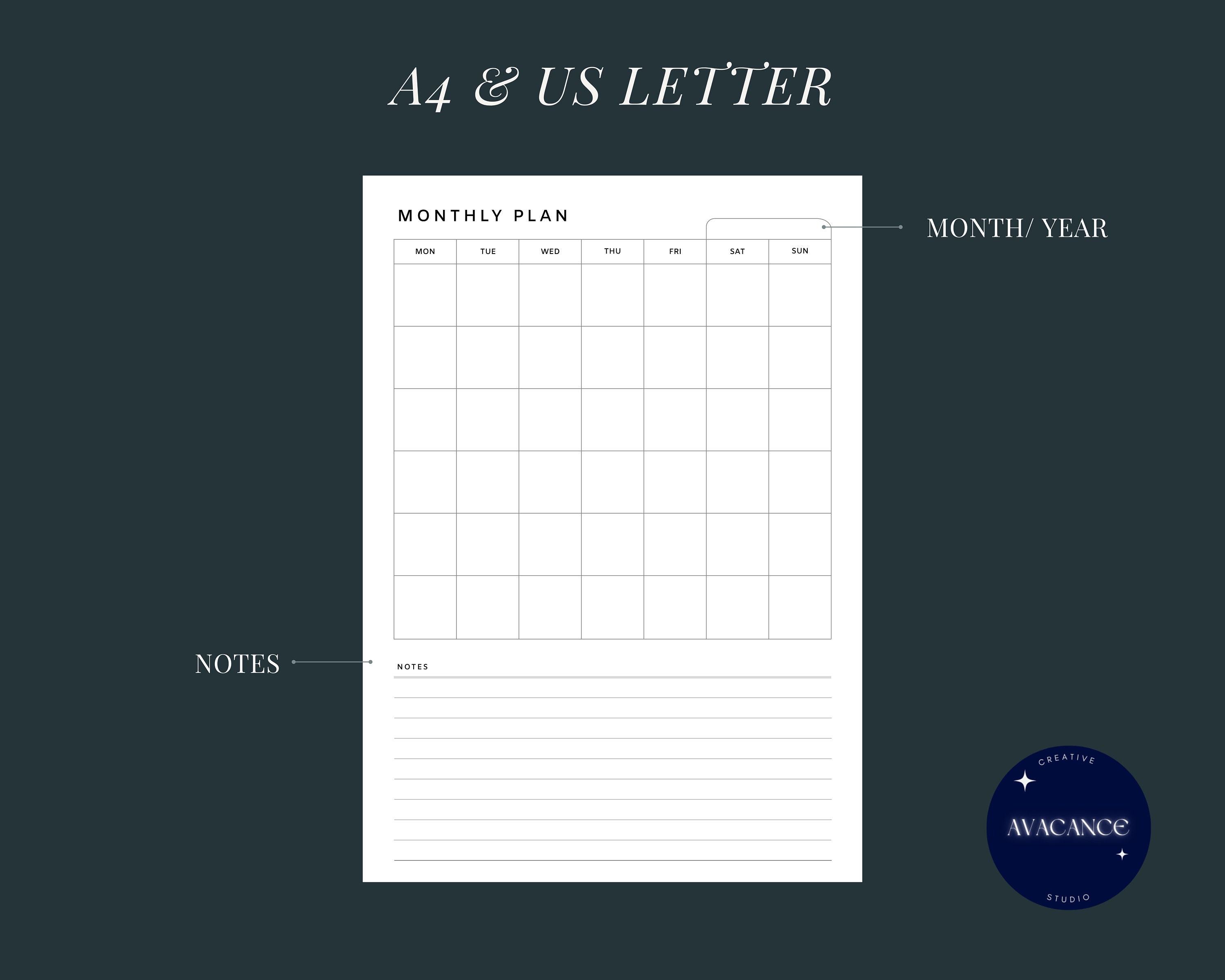 Monthly Planner | A4 & US Letter Undated Printable Inserts | MO1P ...