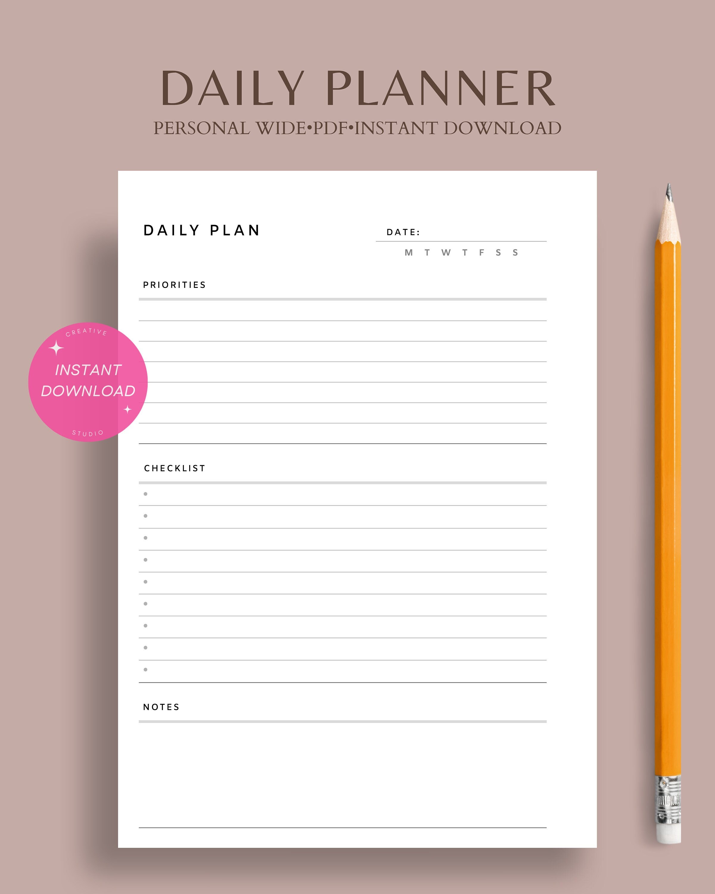 Daily Planner | Personal Wide Printable Insert Pdf | Simple Undated ...
