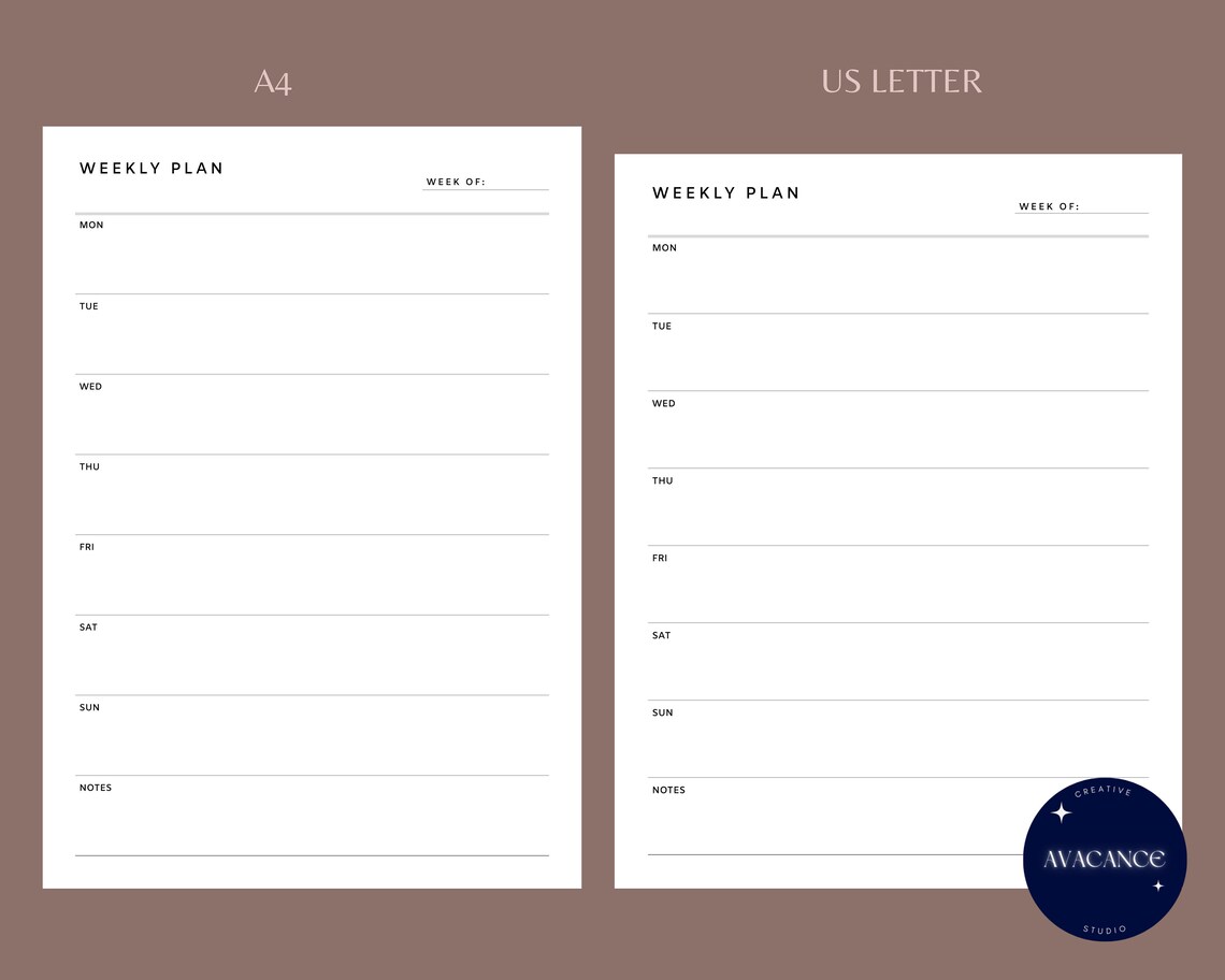 Weekly Planner A4&US Letter Printable Insert WO1P Layout Template ...